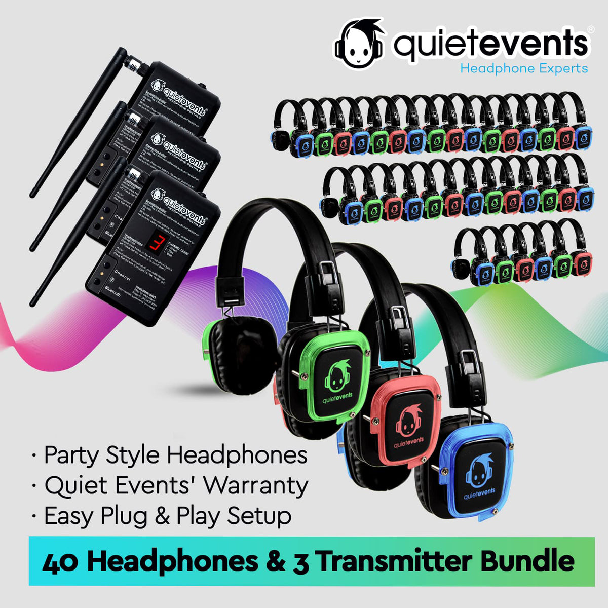 Pulse Party Bundle - 40 Headphones + 3 Transmitters Silent Disco Bundl ...